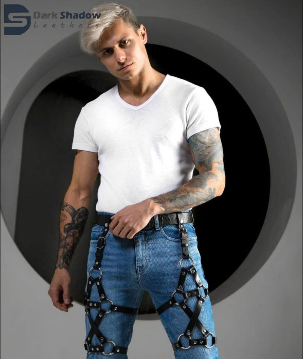 Leather Leg Harness Men Adjustable Harness Black & Red Waist Harness T ...