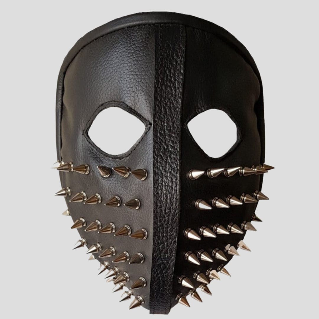 Men Punk Biker 100% Genuine Leather Full face spike Mask Masquerade Bl ...