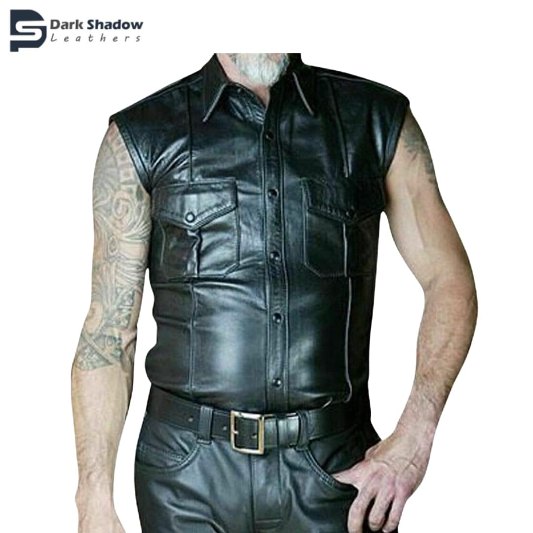 LEATHER ADULTS MEN'S REAL COWHIDE LEATHER POLICE UNIFORM SHORT SLEEVE ...