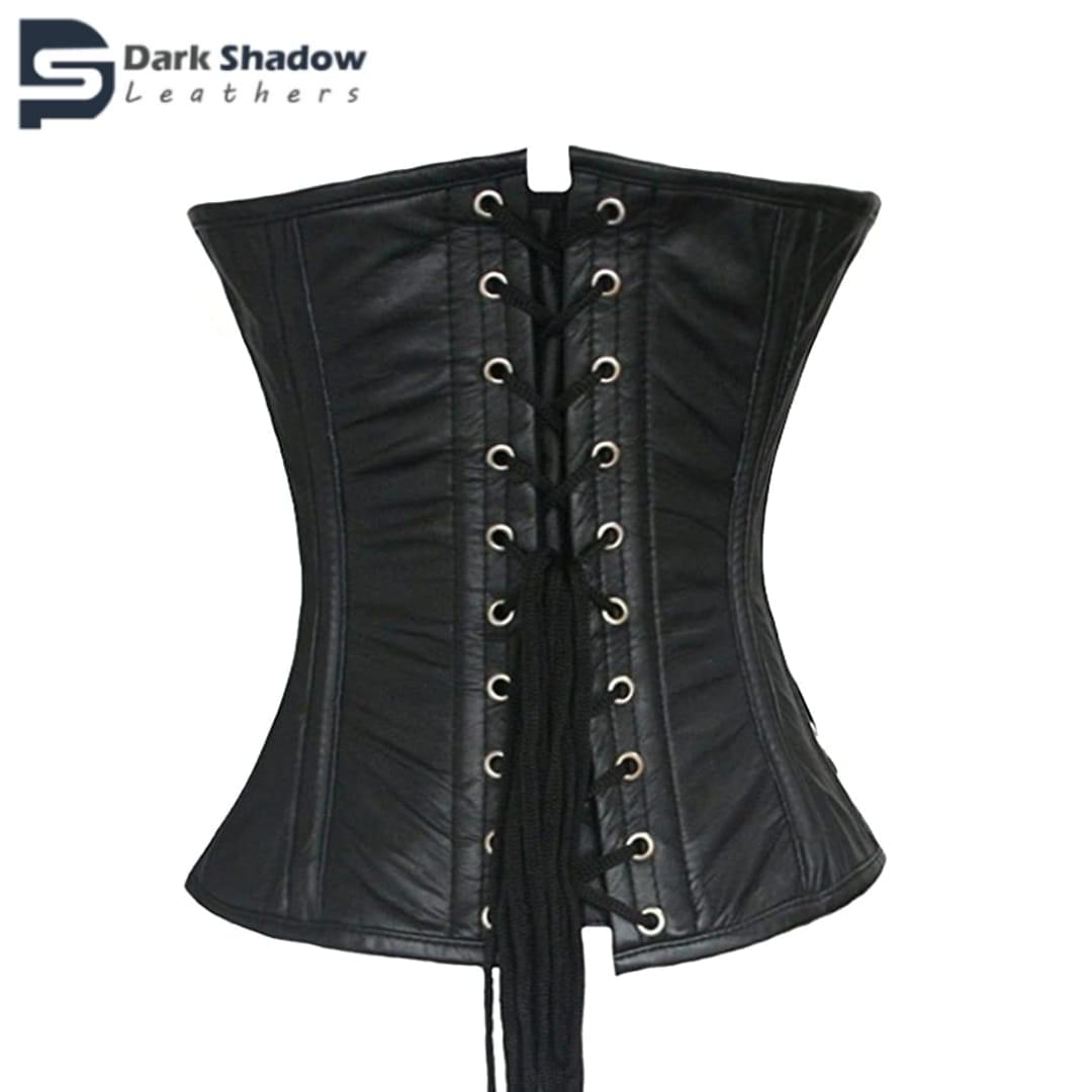 Black real leather steel boned under bust corset cincher style mistres ...